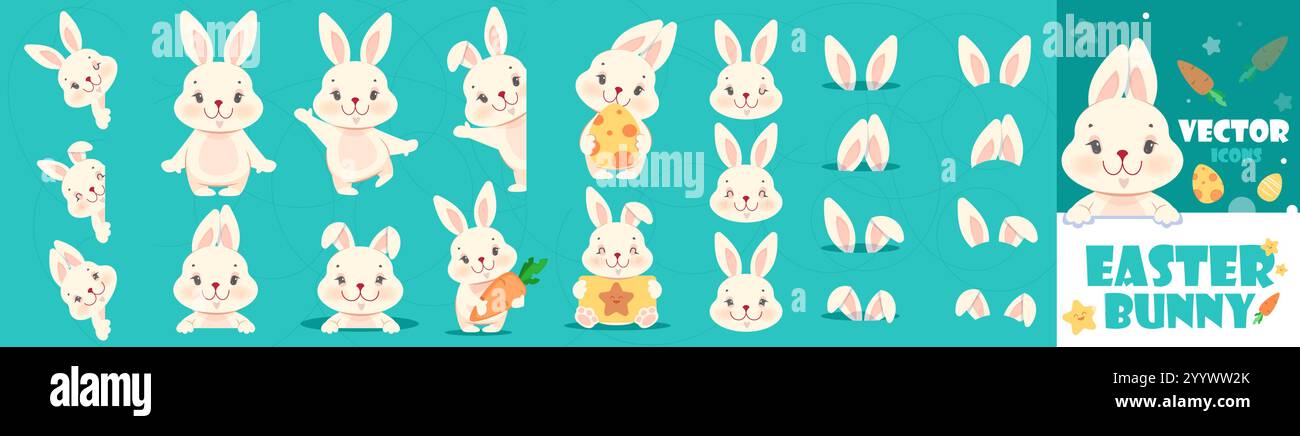 Easter bunny icon set. Stickers with charming white rabbit expressing ...