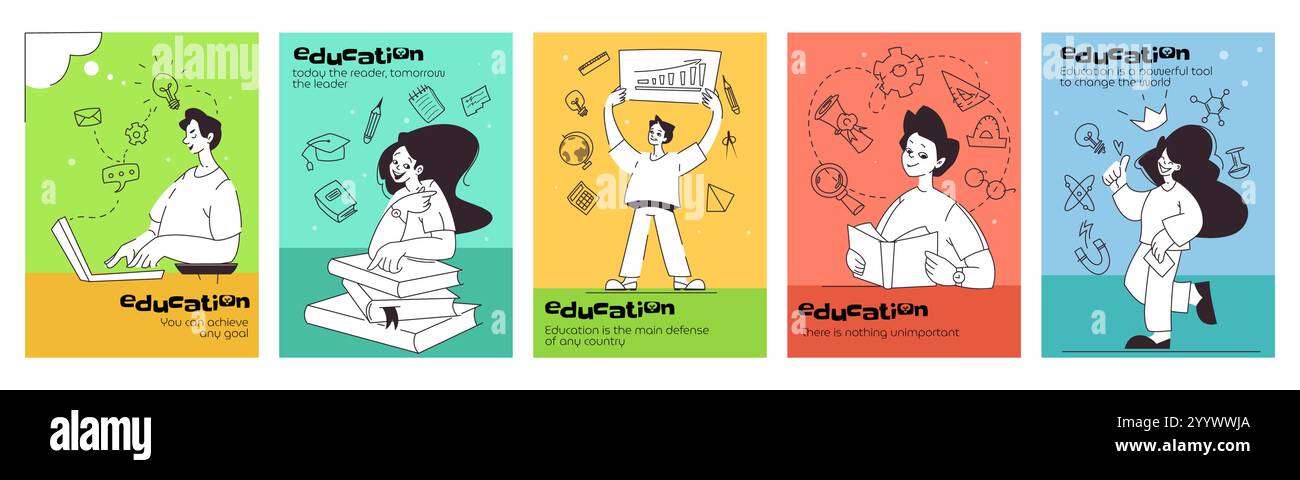 Education and study. Set of posters with students reading books ...