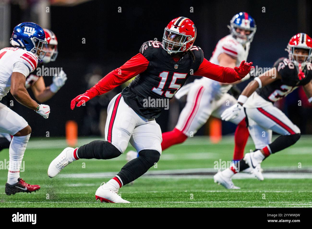 Atlanta Falcons linebacker Matthew Judon (15) works during the first ...