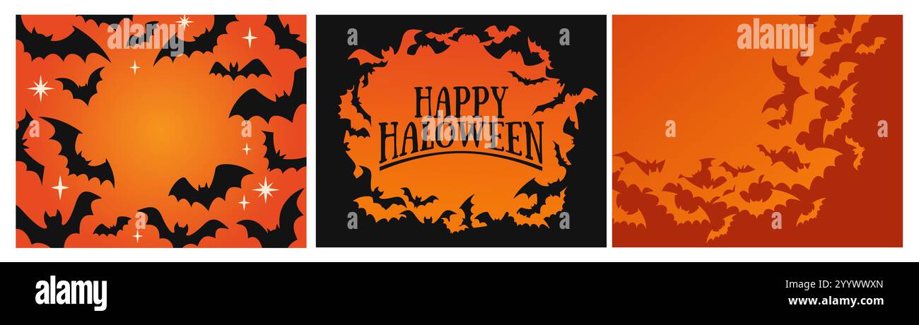 Halloween banners set. Scary creepy posters with dark bat silhouettes ...