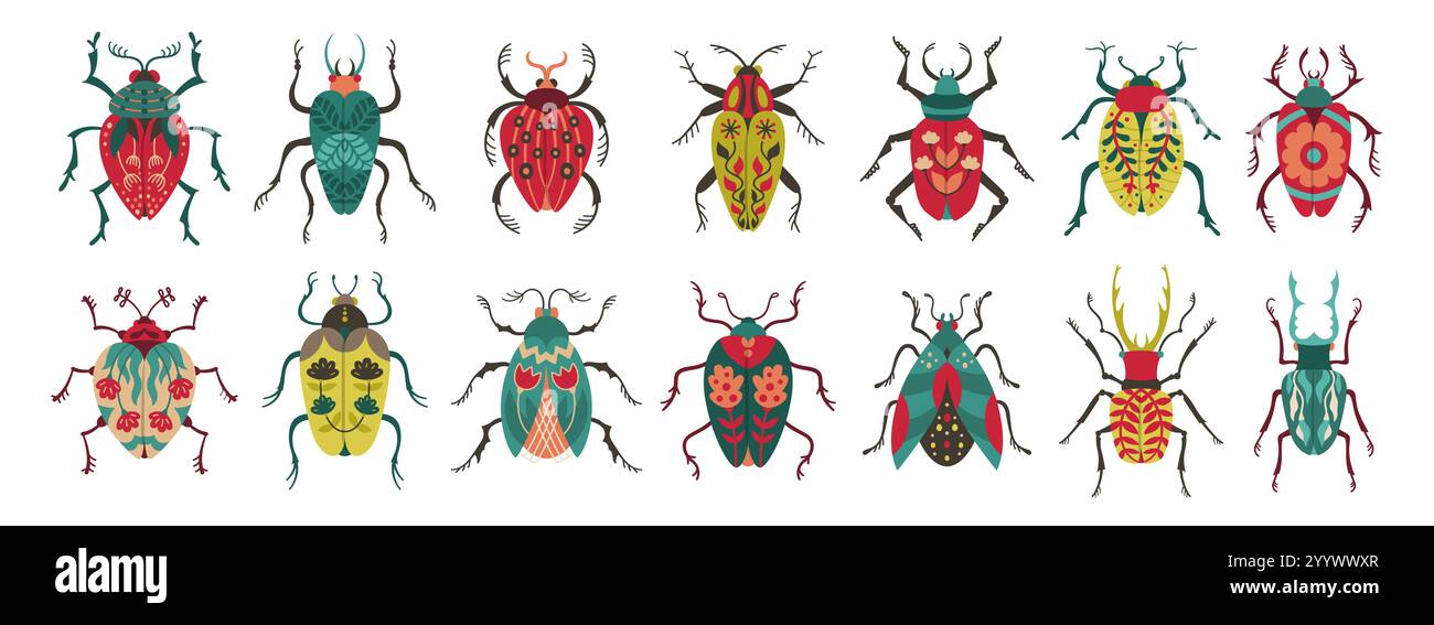 Beetles set whimsical folk art insects. Different fantasy bugs with ...