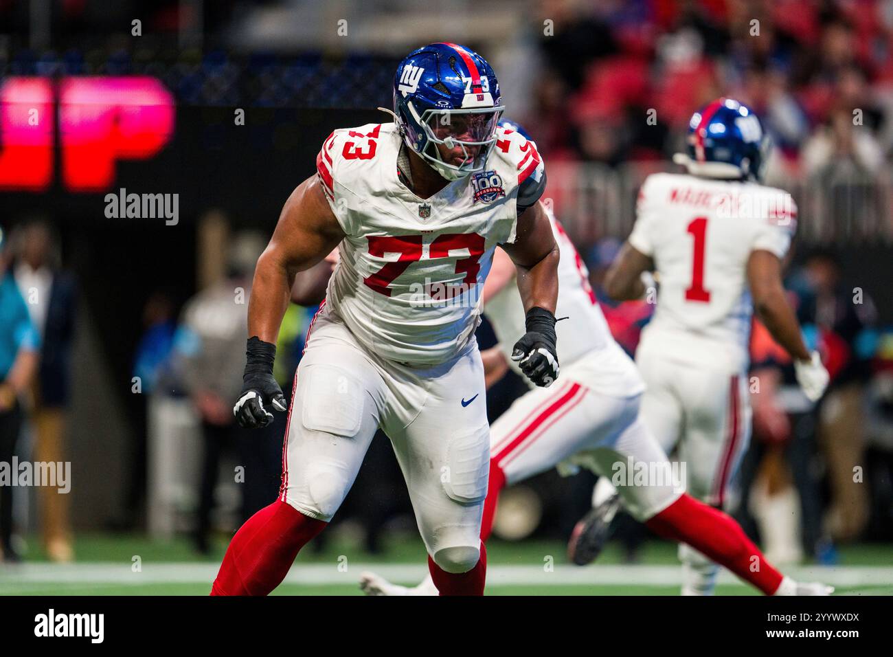 New York Giants offensive tackle Evan Neal (73) works during the second ...