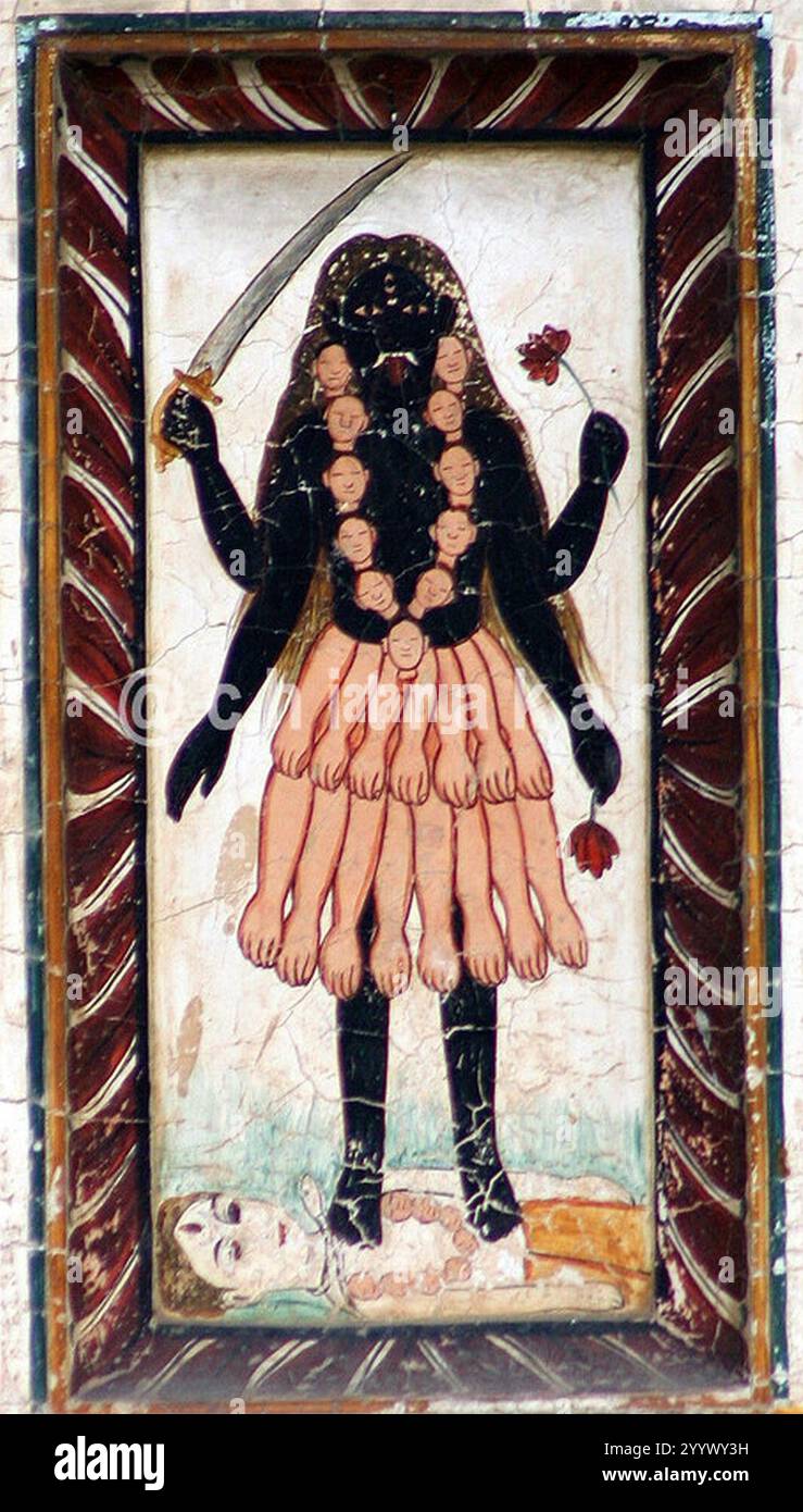 Early-to-mid-19th century fresco of Kali on the walls of the Ram Rai ...