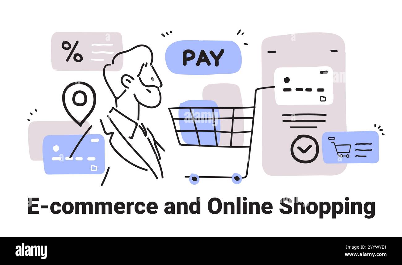 E-commerce online shopping concept with cart payment icons and person ...