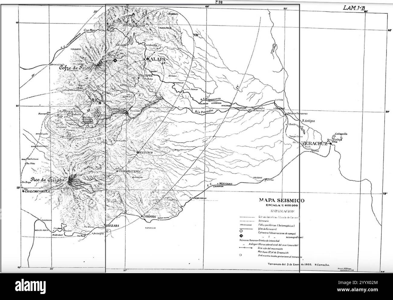 Earthquake Isoseismal map terremoto 1920 Xalapa Stock Photo - Alamy