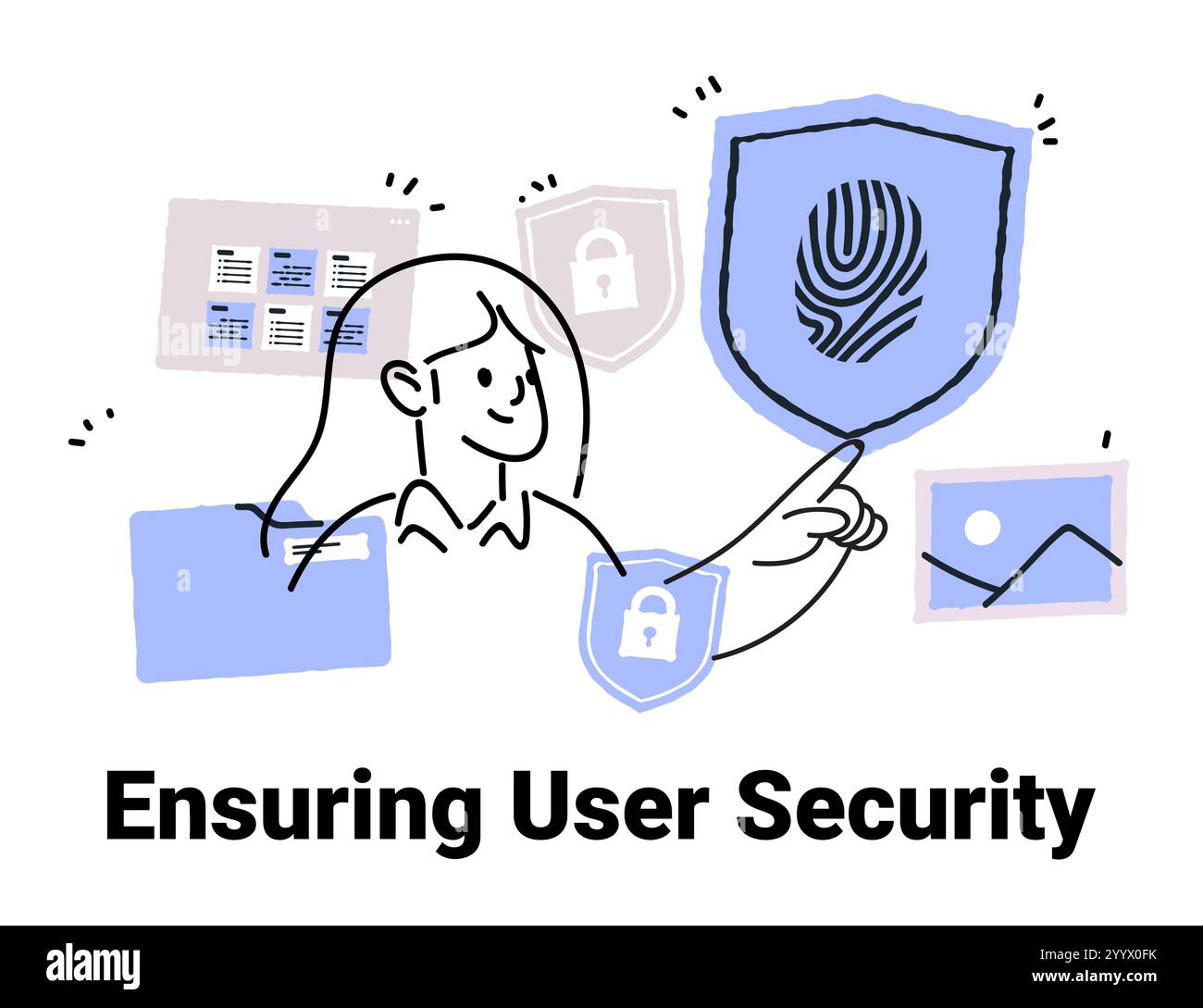 User security concept with person interacting with shield icons and ...