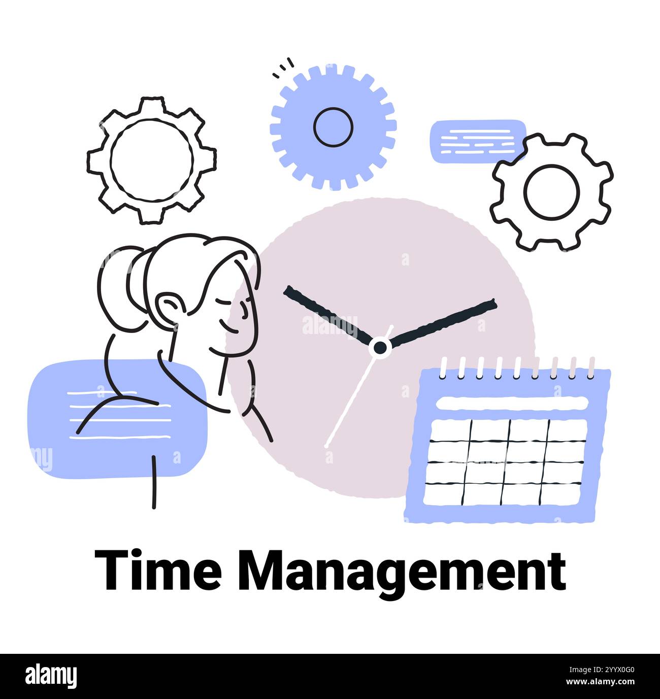 Time management concept with clock gears calendar and person in ...