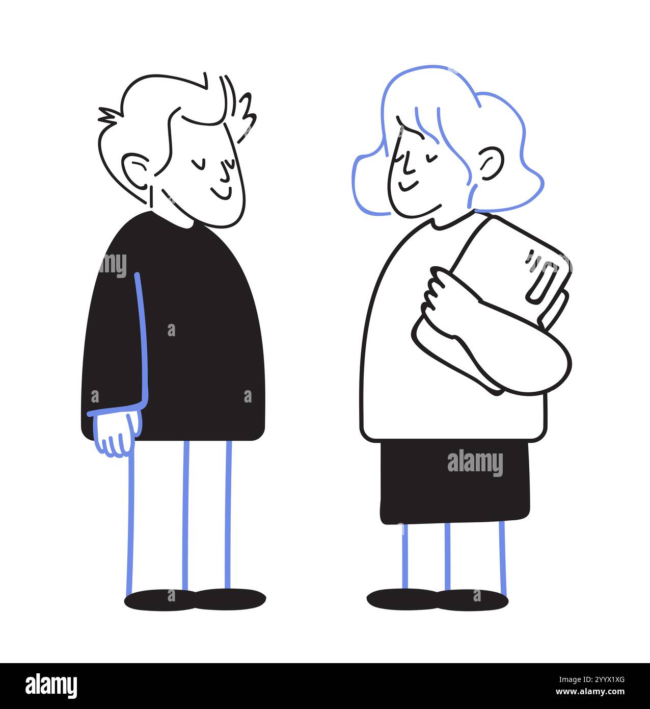 Two people interacting minimalist style. A man and woman smiling at ...