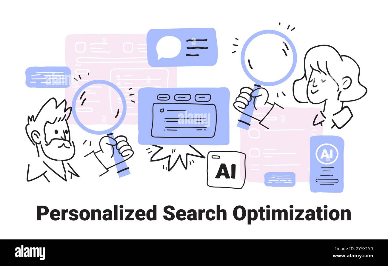 Personalized search optimization AI concept people using magnifying glasses analyzing data ...