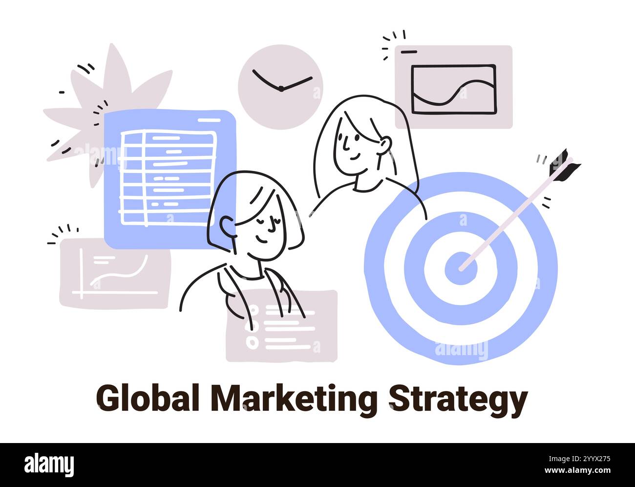 Global marketing strategy concept with people graphs targets and clock ...