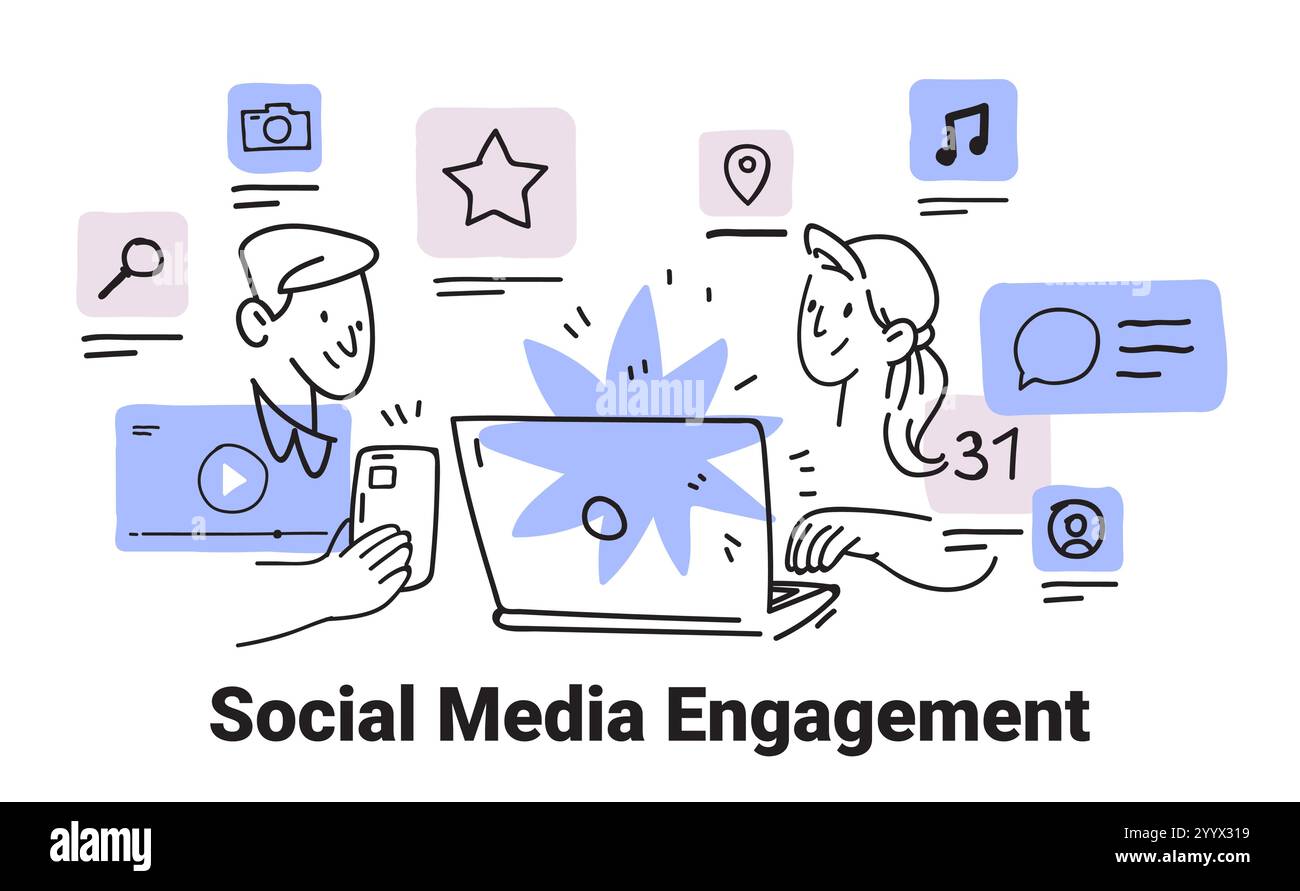 Social media engagement concept with people using devices surrounded by ...