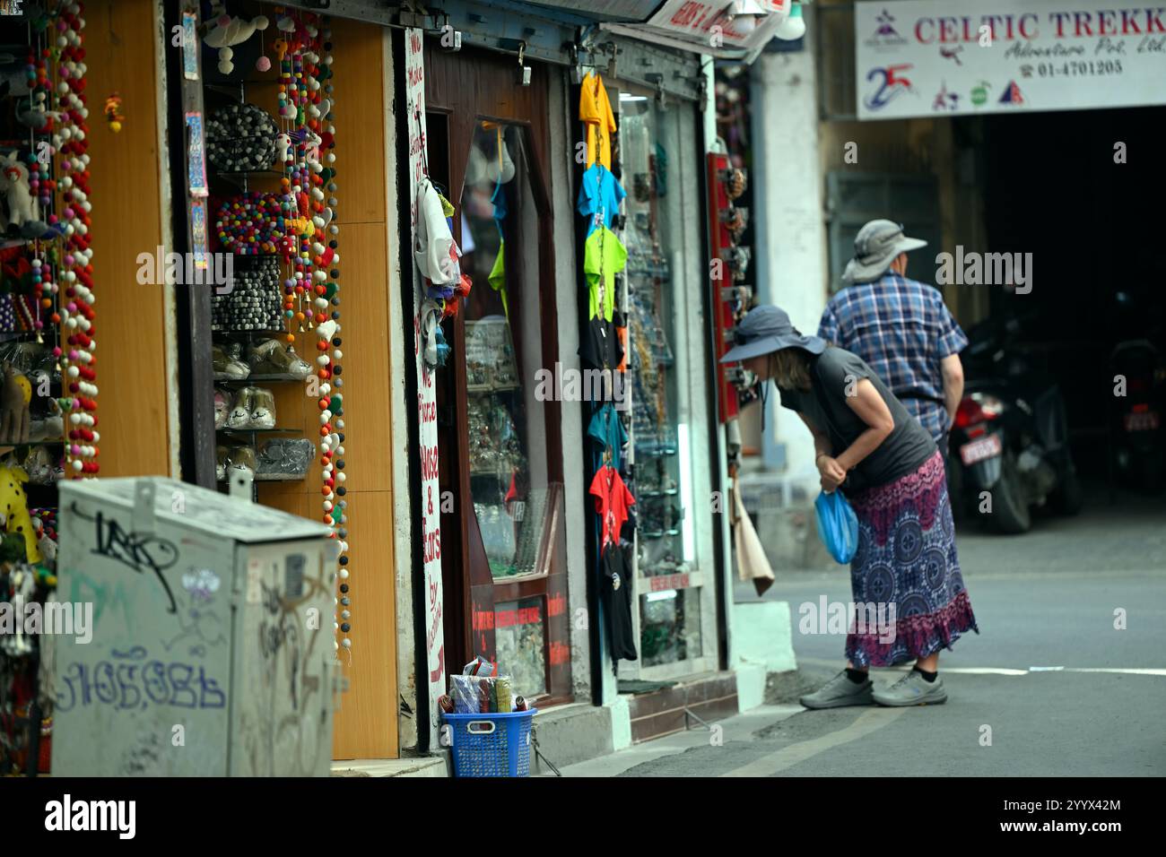 A Western tourist window shopping in Thamel, Kathmandu, Nepal Stock ...