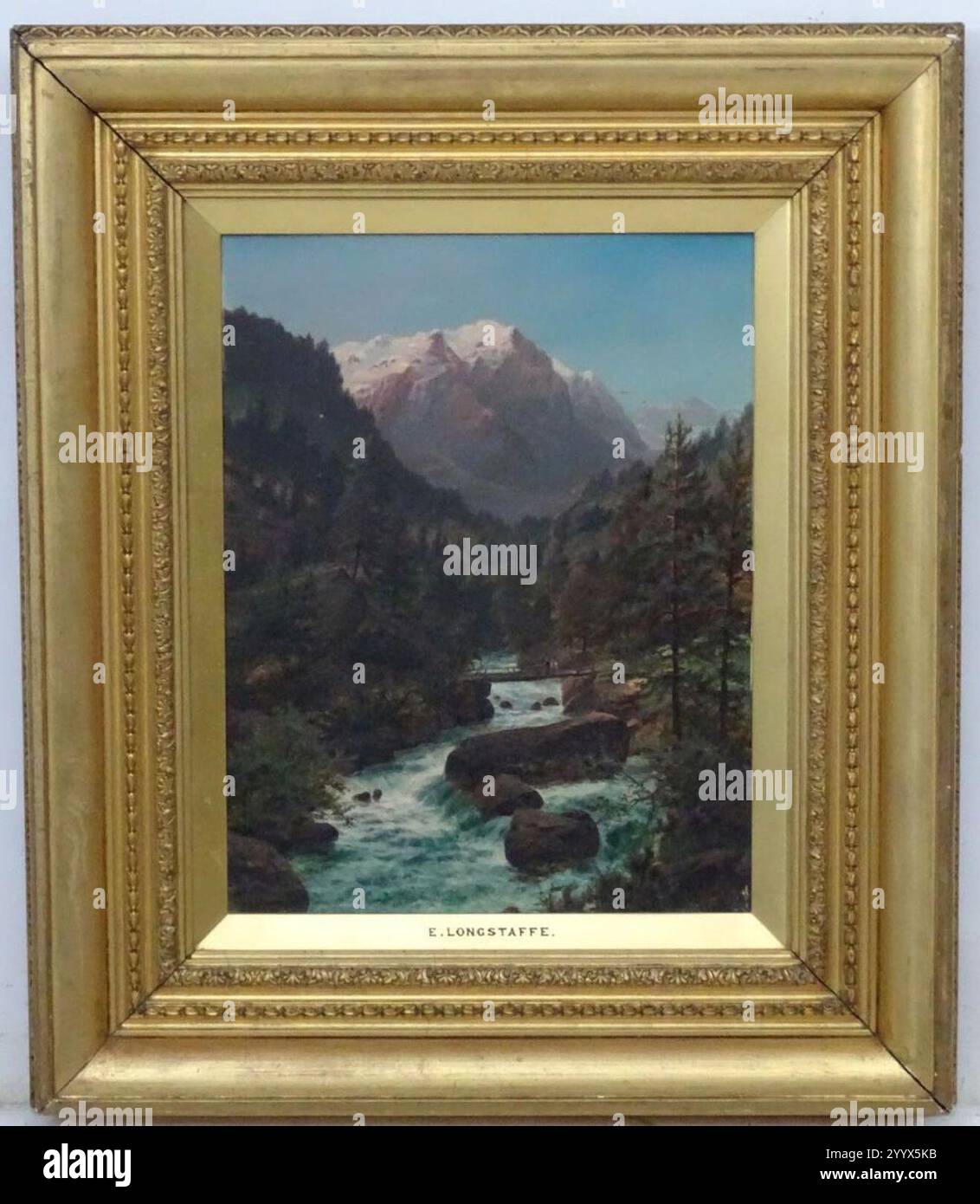 Edgar Longstaffe - , Oil on canvas, Highland river with figures on a ...