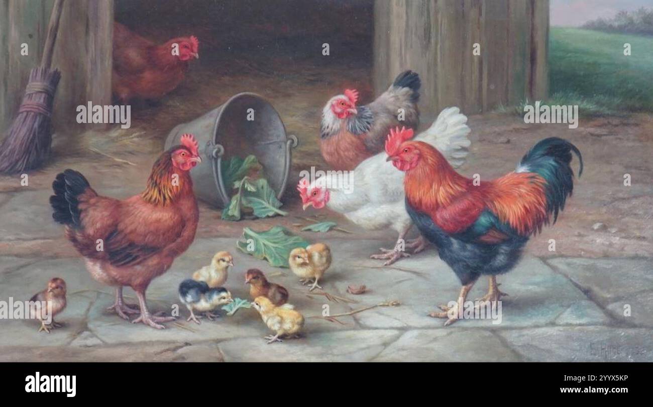 Edgar Hunt - Chickens and chicks in a farmyard oil on canvas signed and ...