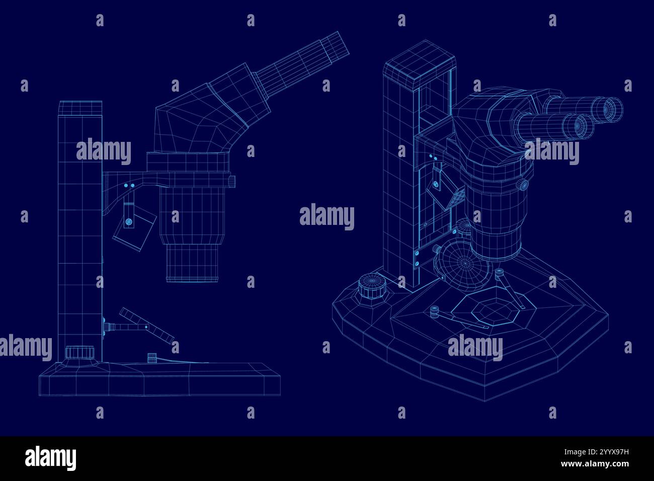 Vector illustration wireframe 3d set microscope science lab magnify ...