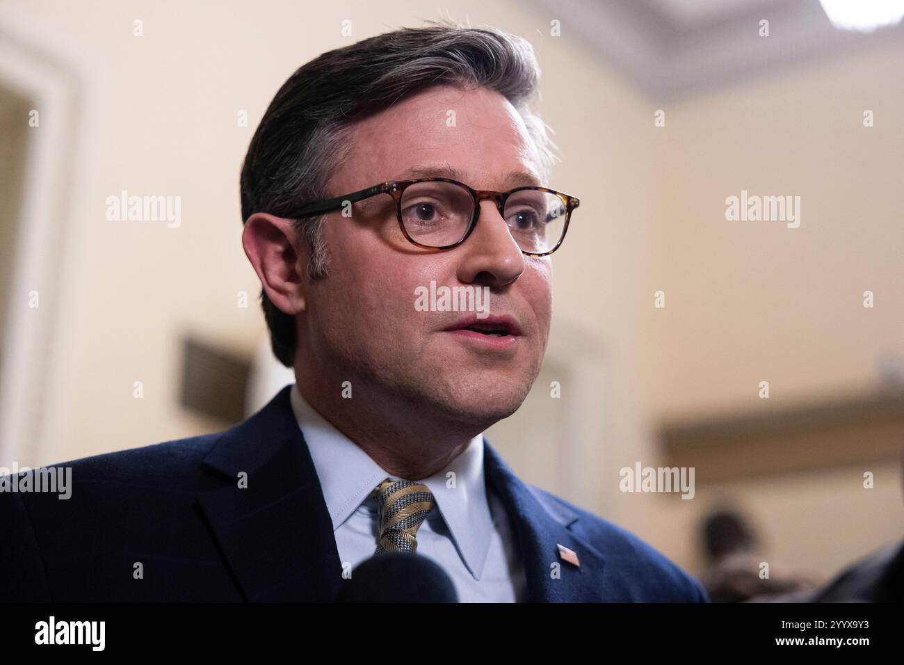 House Speaker Mike Johnson (R-La.) speaks with reporters after the ...