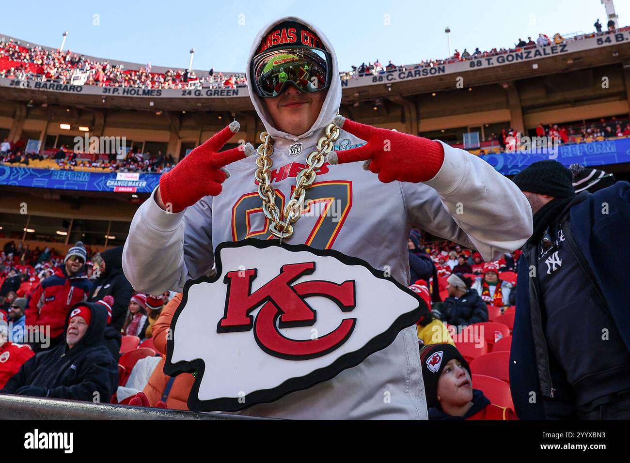 Kansas City, MO, USA. 21st Dec, 2024. A Kansas City Chiefs fan poses ...