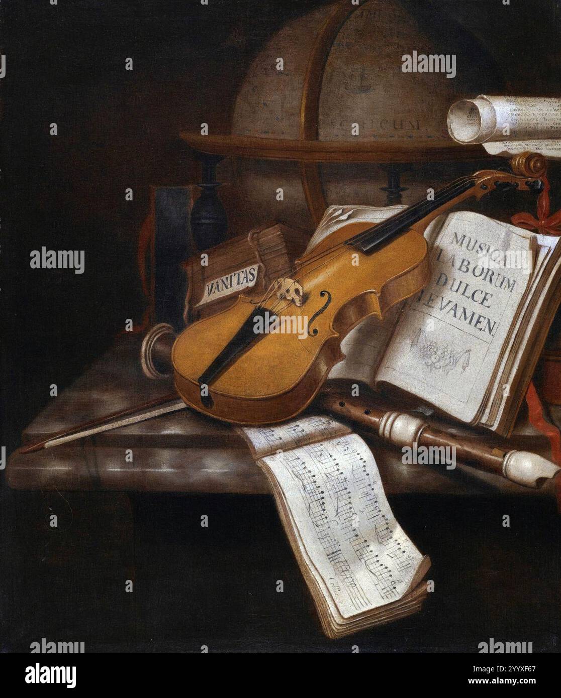 Edwaert Collier - A vanitas still life with a violin, a recorder and a ...