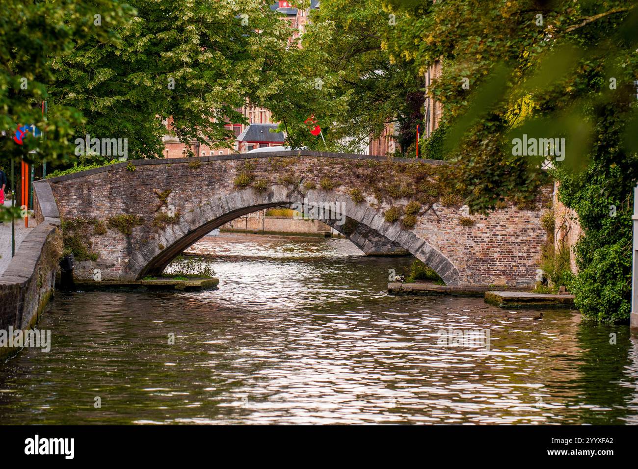 Medieval stone bridge on canal, on canal, Bruges, West Flanders ...