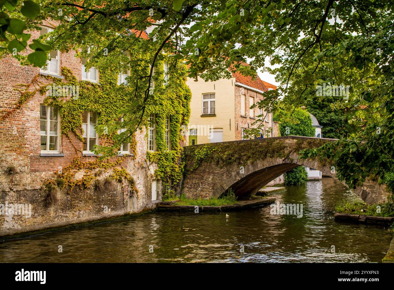 Medieval stone bridge on canal, on canal, Bruges, West Flanders ...