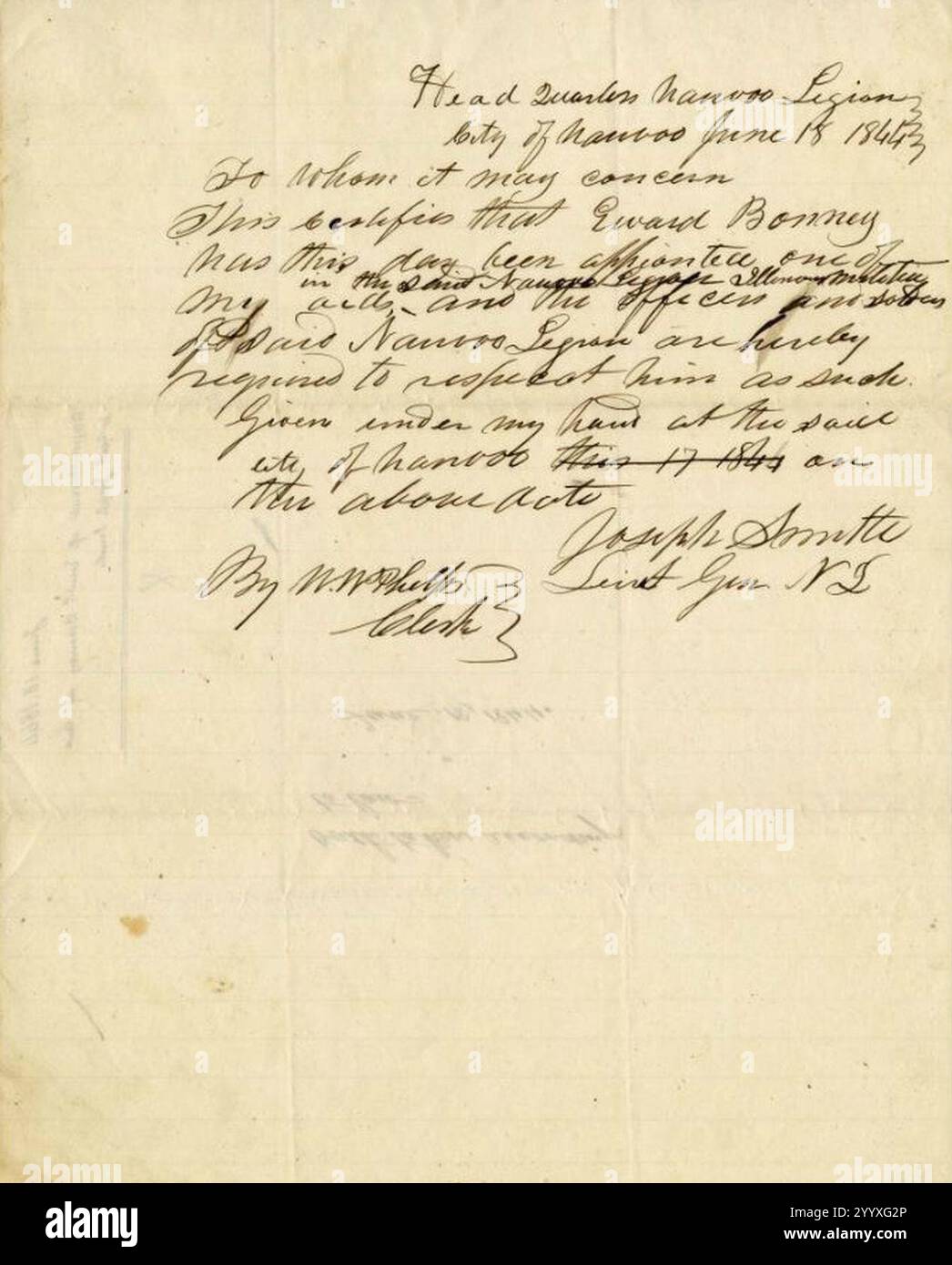 Edward Bonney Military Appointment To Nauvoo Legion Document Stock ...