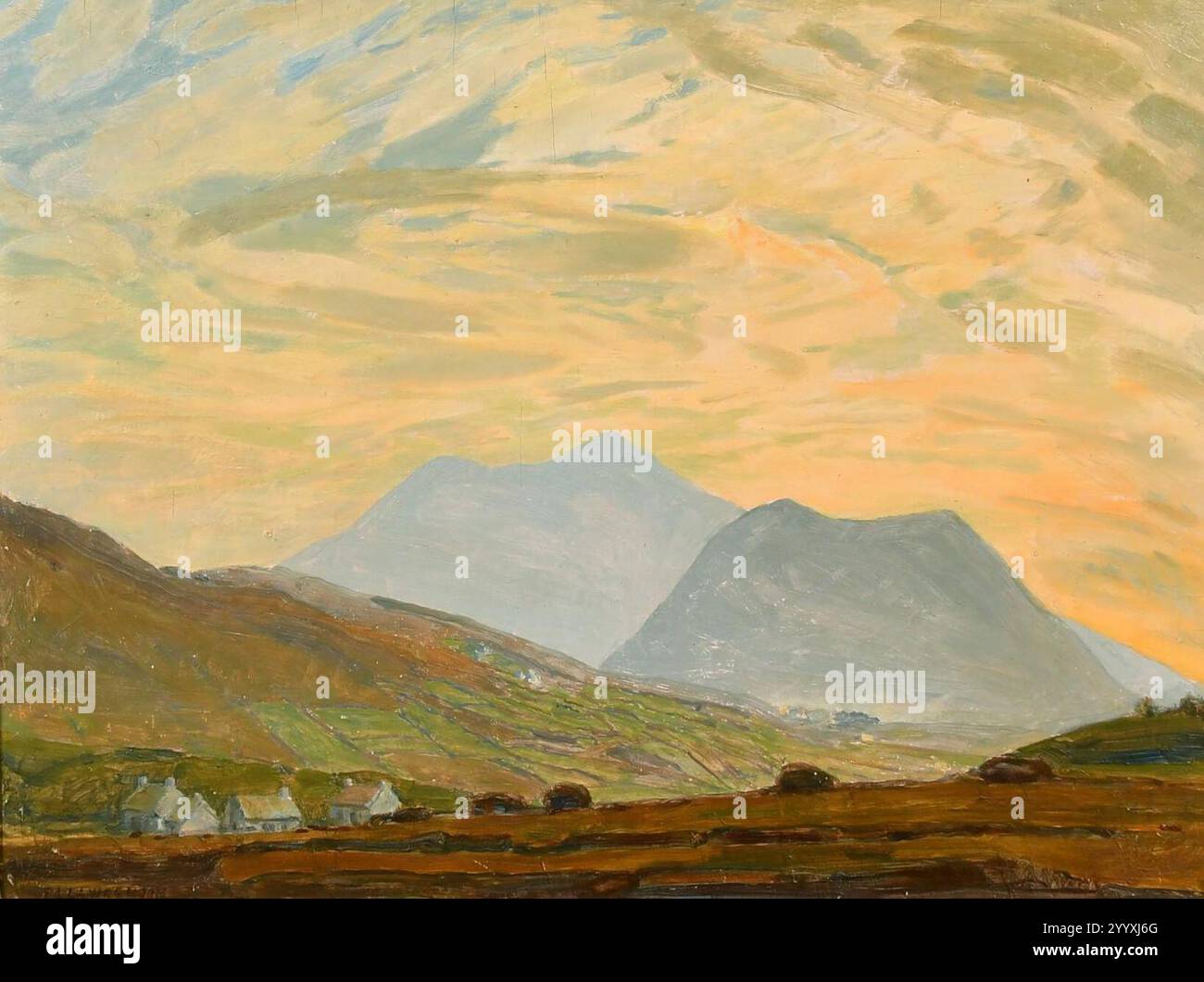 Edward Louis Lawrenson - Irish, a view of stone cottages in a hilly ...