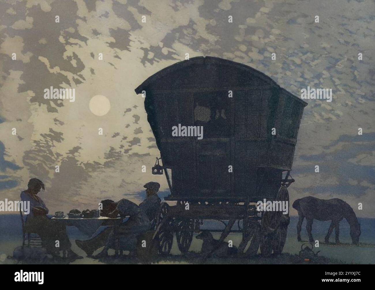 Edward Louis Lawrenson - Gypsy cart under moonlight aquatint signed in ...