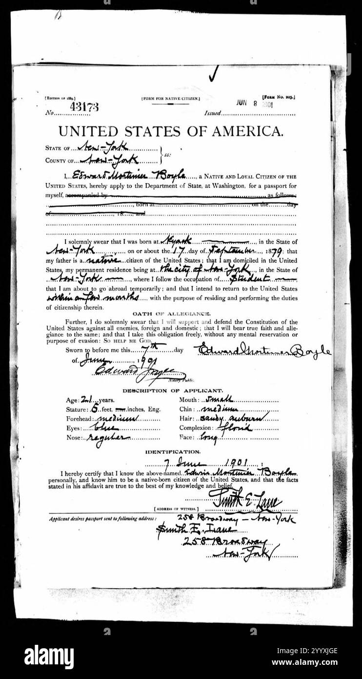 Edward Mortimer Boyle, Sr. (1879-1925) passport application from 1901 ...