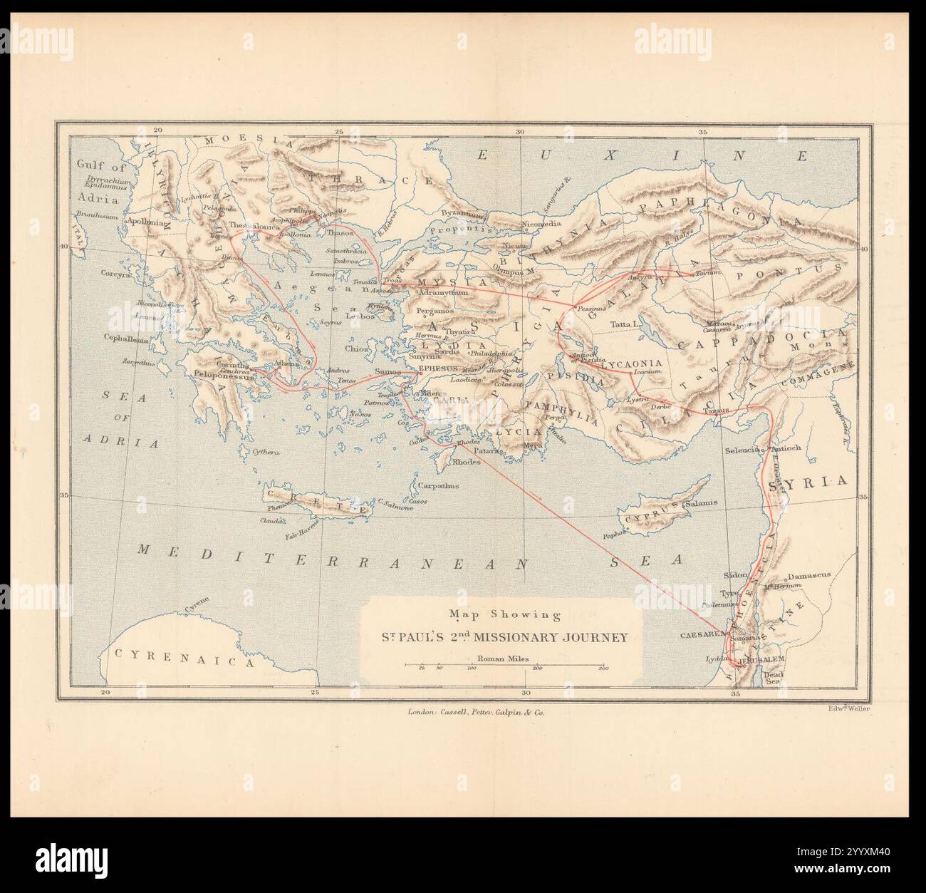 Edward Weller, Map showing St. Paul's 2nd missionary journey Stock ...