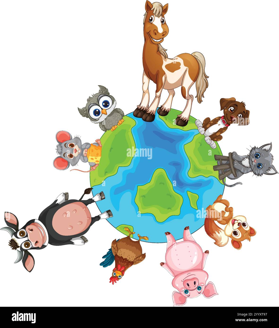 Cute animals gathered around a cartoon Earth Stock Vector Image & Art ...