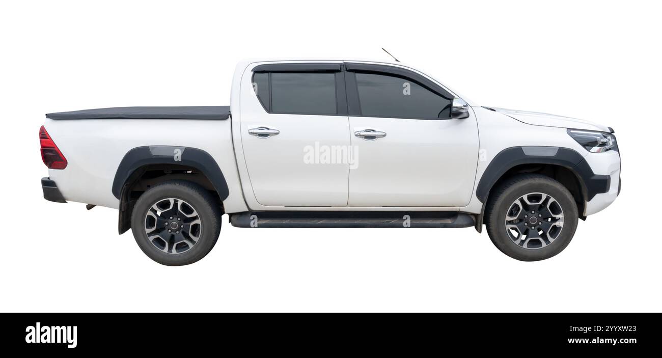 Side view of white pickup truck is isolated on white background with ...