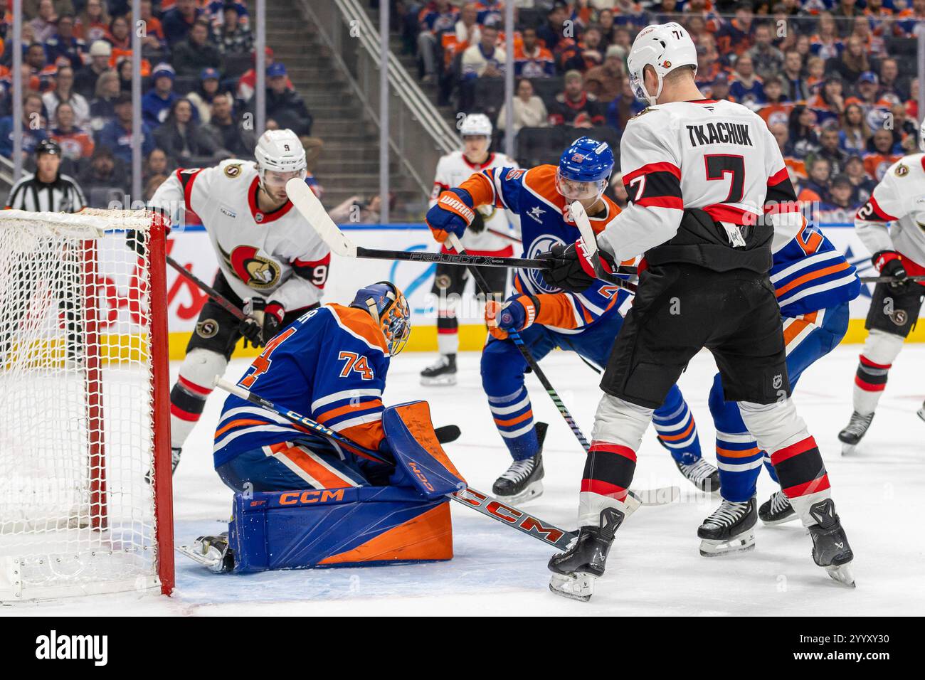 Edmonton Oilers goaltender Stuart Skinner (74) makes a save against the ...