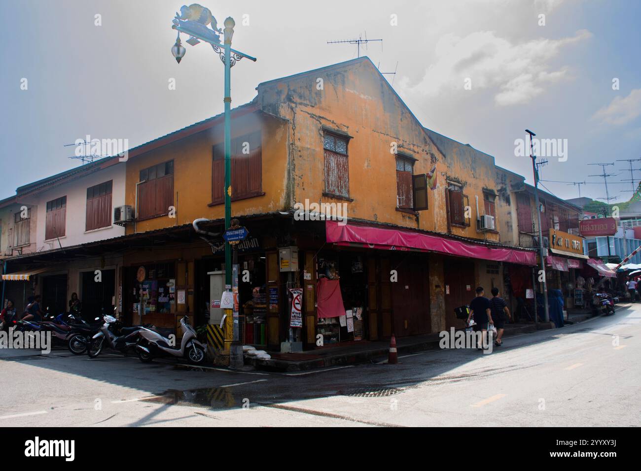 View landscape cityscape Maeklong city and vintage retro building house ...