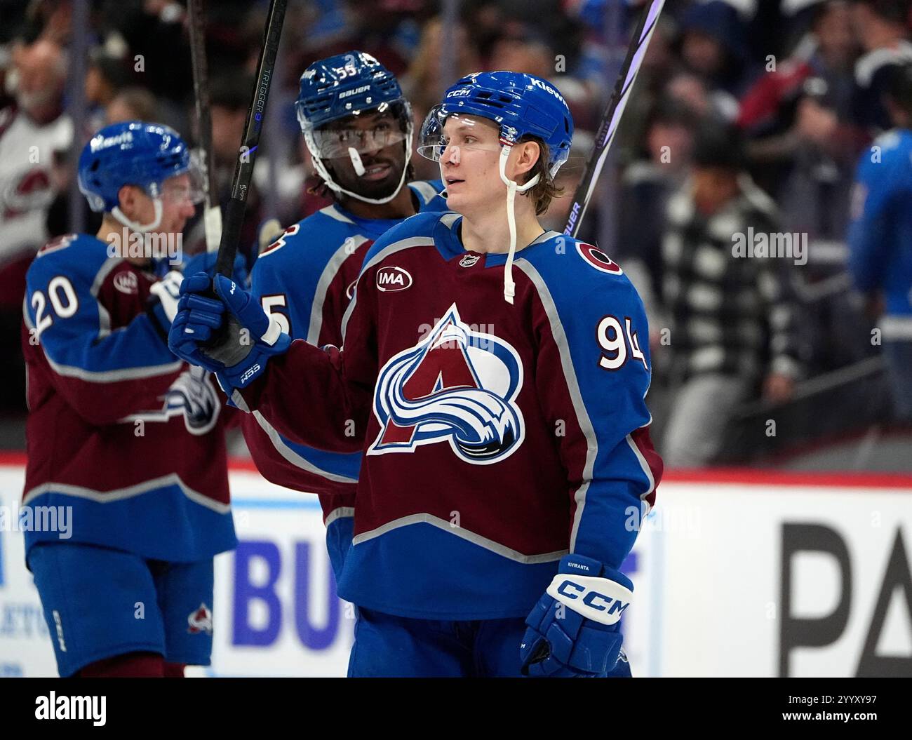 Colorado Avalanche left wing Joel Kiviranta (94) celebrates with right ...