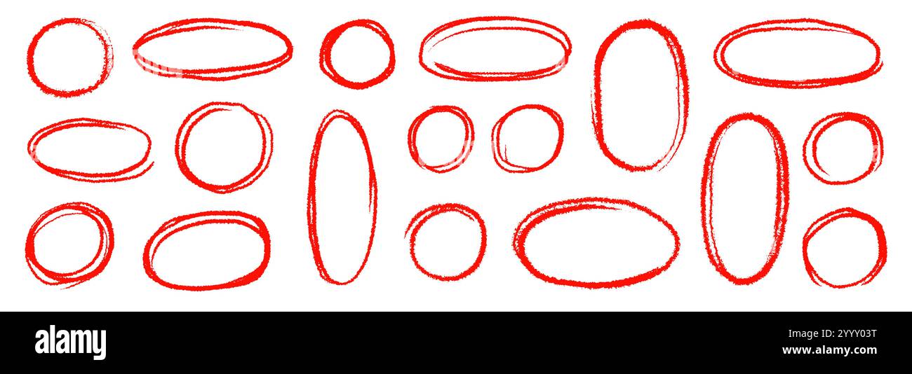 Hand drawn red highlight oval frame shape set. Doodle crayon pencil ...