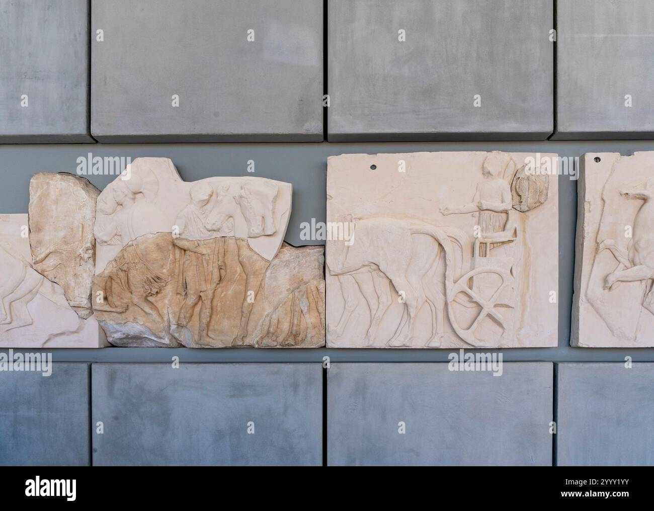 Athens, Attica - GR - Oct 26, 2024 Marble frieze from the Acropolis Museum, depicting ancient ...