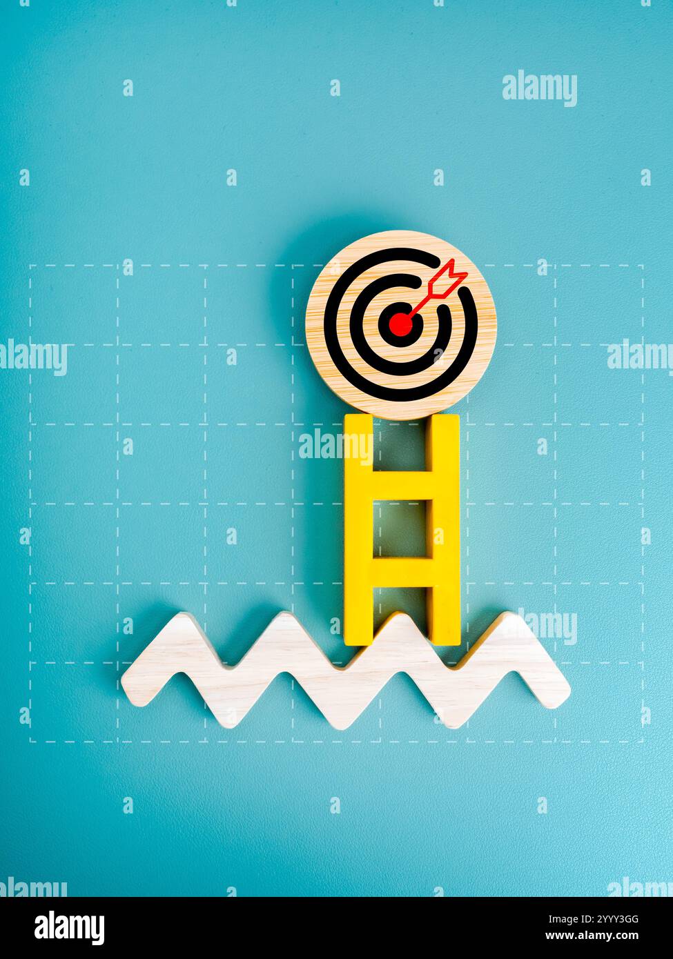 3d Target icon on round wood badge on top of yellow ladder on zigzag ...