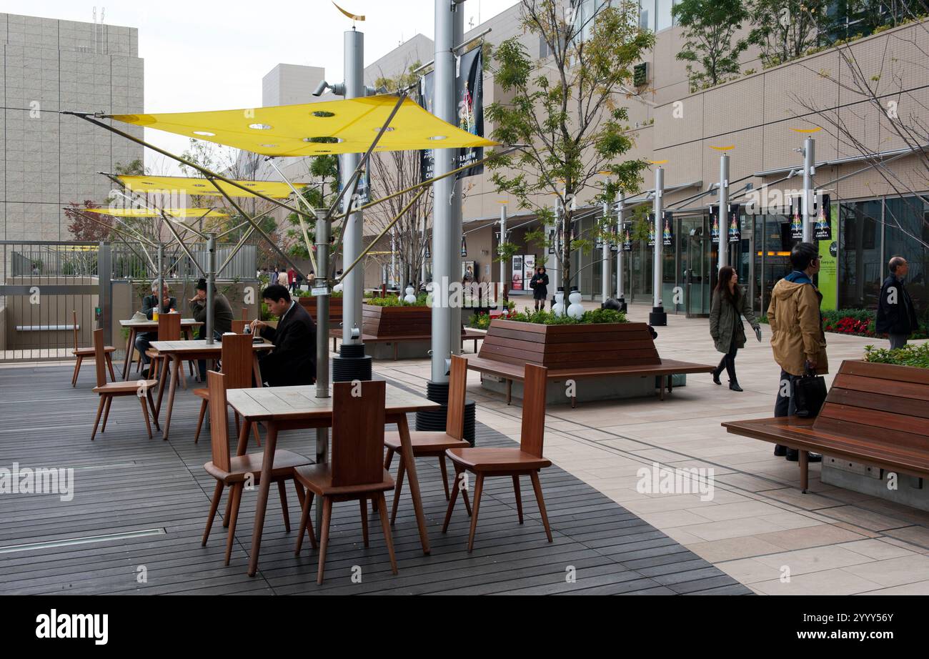 Visitors lounging on an intermediate plaza level of the West Japan ...