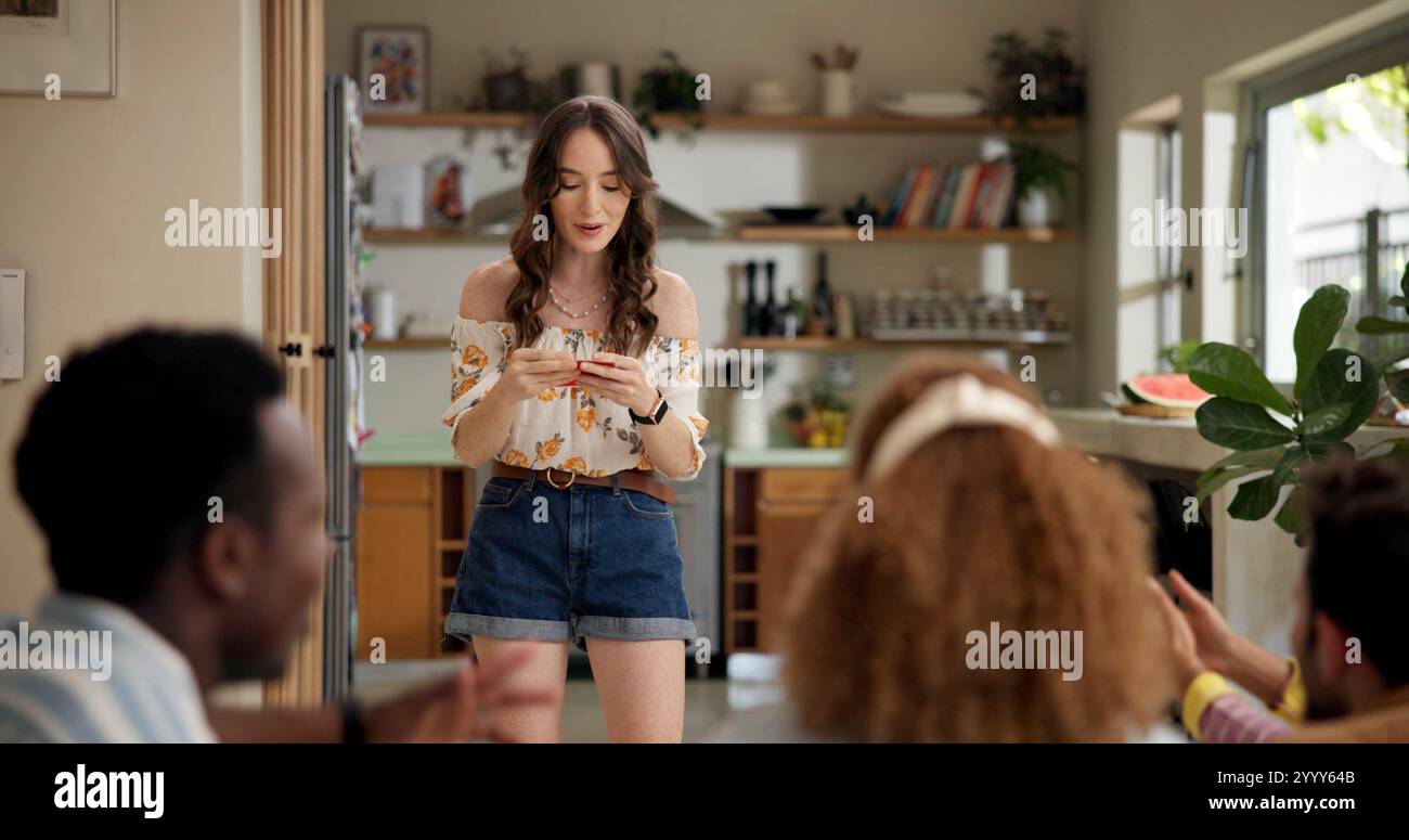 Woman, guess game and acting in home with friends for challenge, fun ...