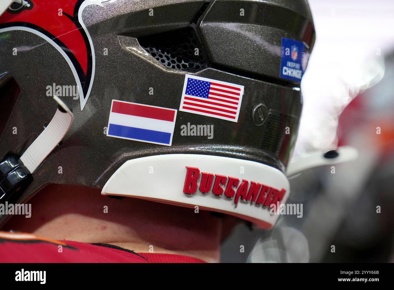 The Netherlands and American flag are seen on the helmet of Tampa Bay ...