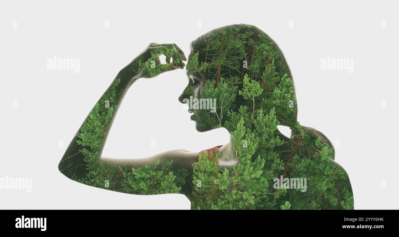 Foliage face. Double exposure. Harmony balance. Profile silhouette of ...