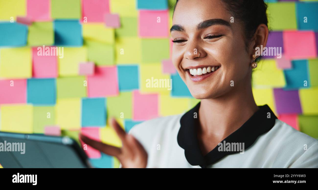 Creative, tablet and happy business woman with idea for project, online ...