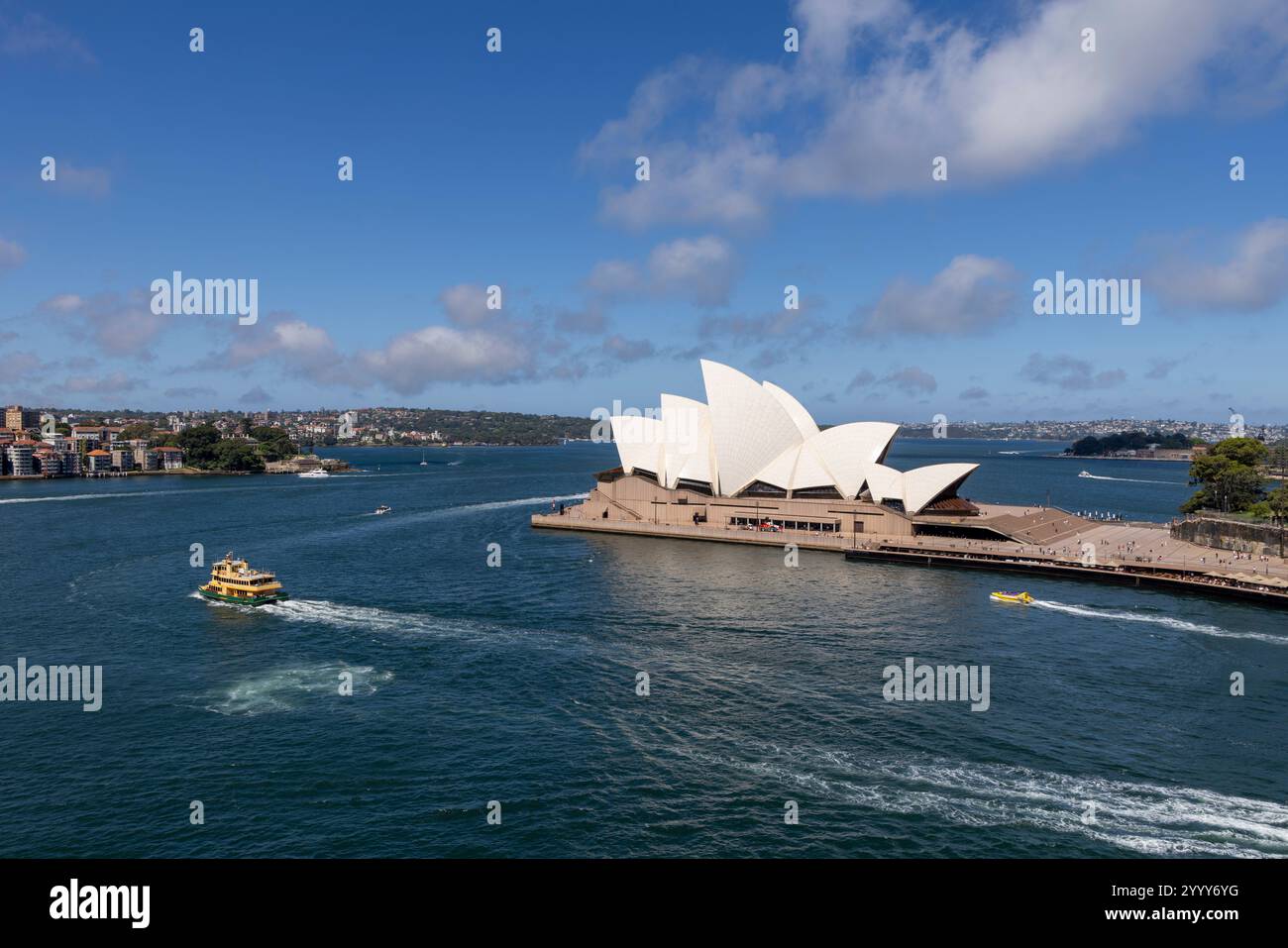 Sydney Opera House and harbour from elevated viewpoint, blue sky ...