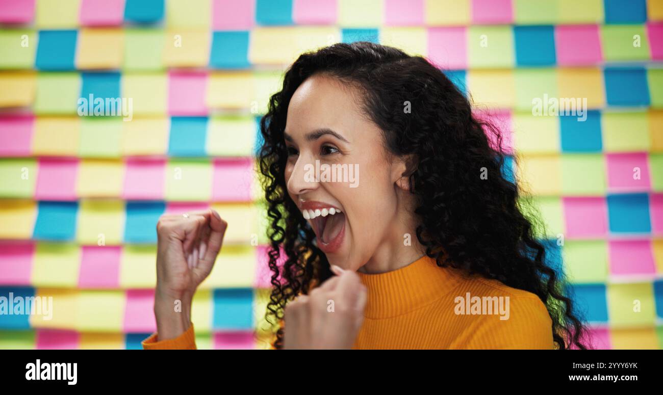 Success, scrum and excited with business woman in studio for ...