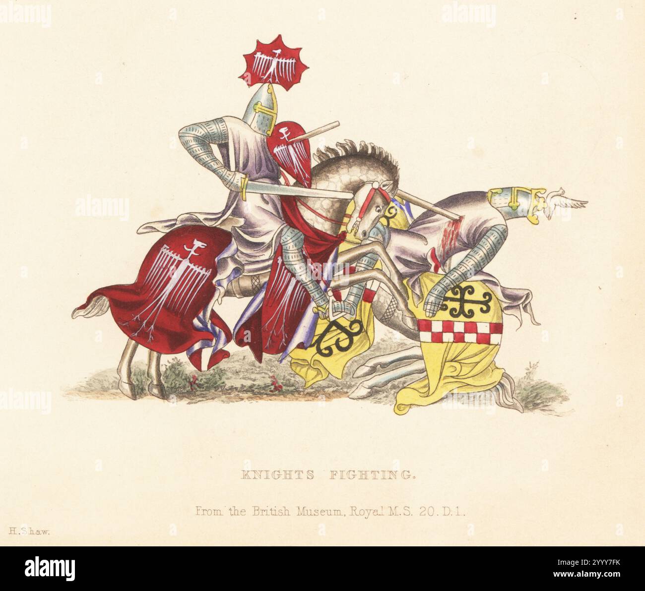 Knights fighting a duel on horseback, mid-13th century. Knights in ...