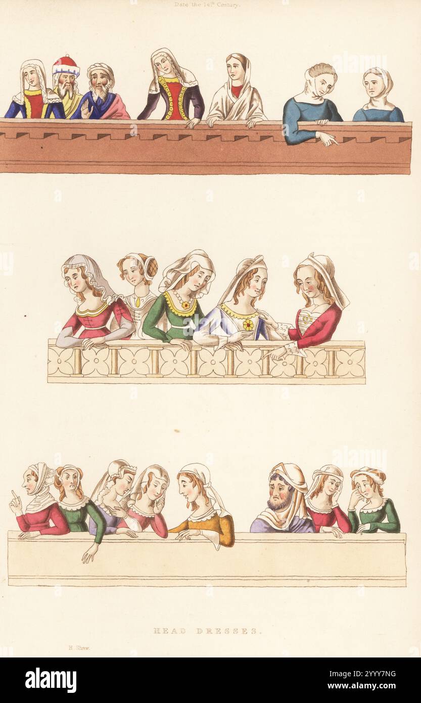 Headdresses of the 14th century. Men and women in hats, caps, turbans ...