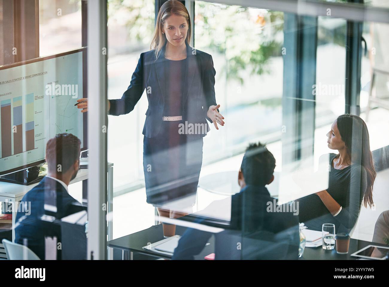 Business woman, meeting and presentation with screen in boardroom for ...