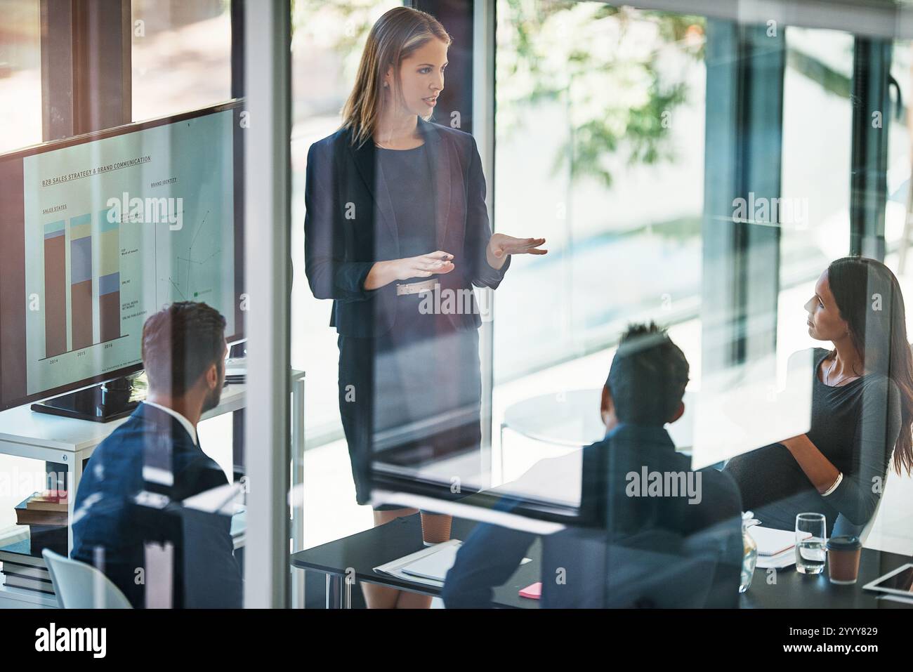 Business people, meeting or presentation with screen in boardroom for ...