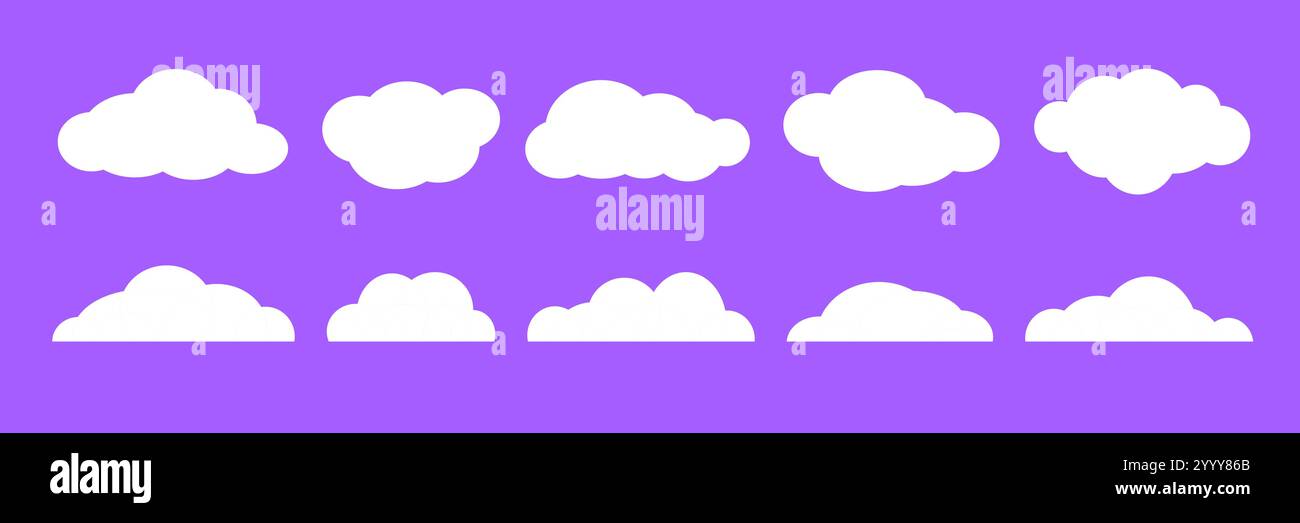 Empty cartoon cloud collection on purple background. Comic cloud shapes ...