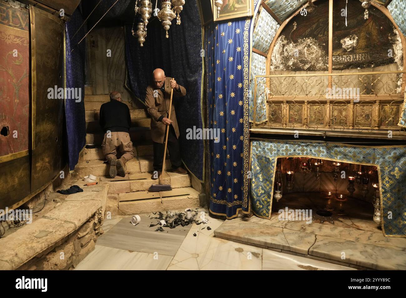 Workers in the Church of the Nativity, where Christians believe Jesus ...